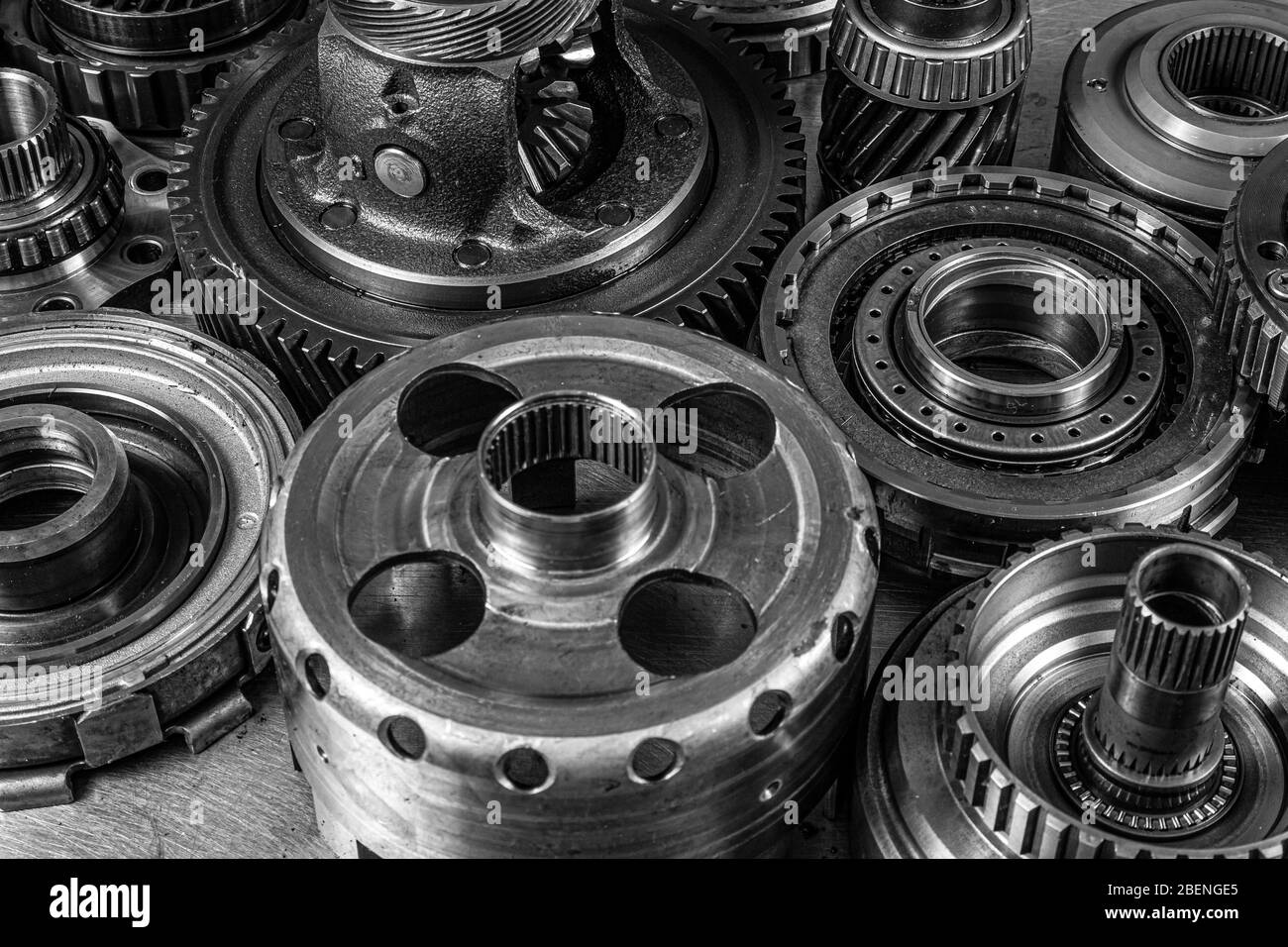 Close-up of a car gearbox. Metallic shiny gears for planetary gearshift ...