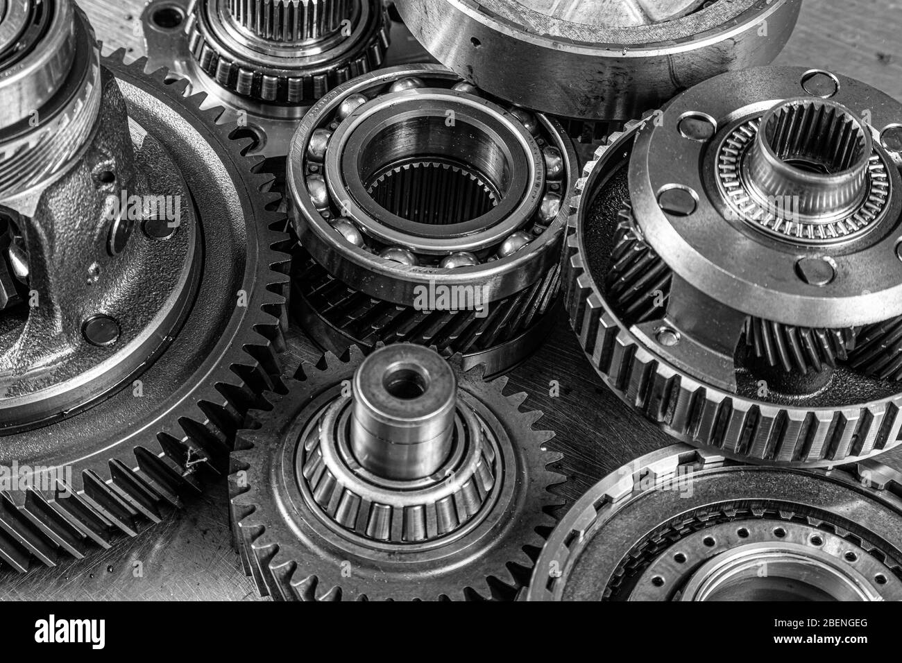Close-up of a car gearbox. Metallic shiny gears for planetary gearshift ...