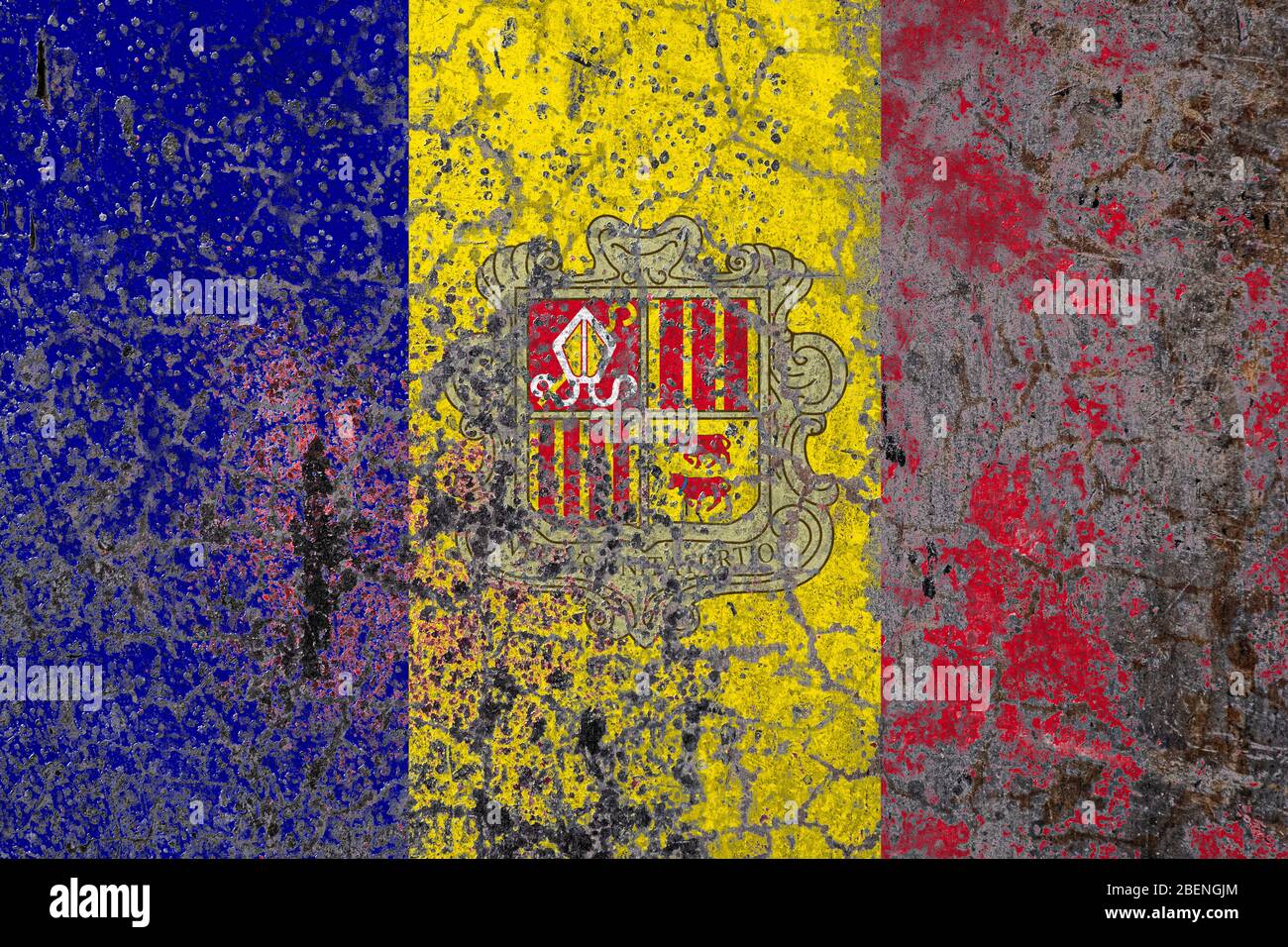 National flag of Andorra on old peeling wall background.The concept of ...