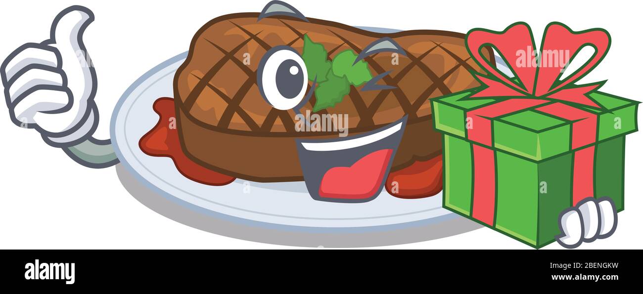 Smiling grilled steak cartoon character having a green gift box Stock ...