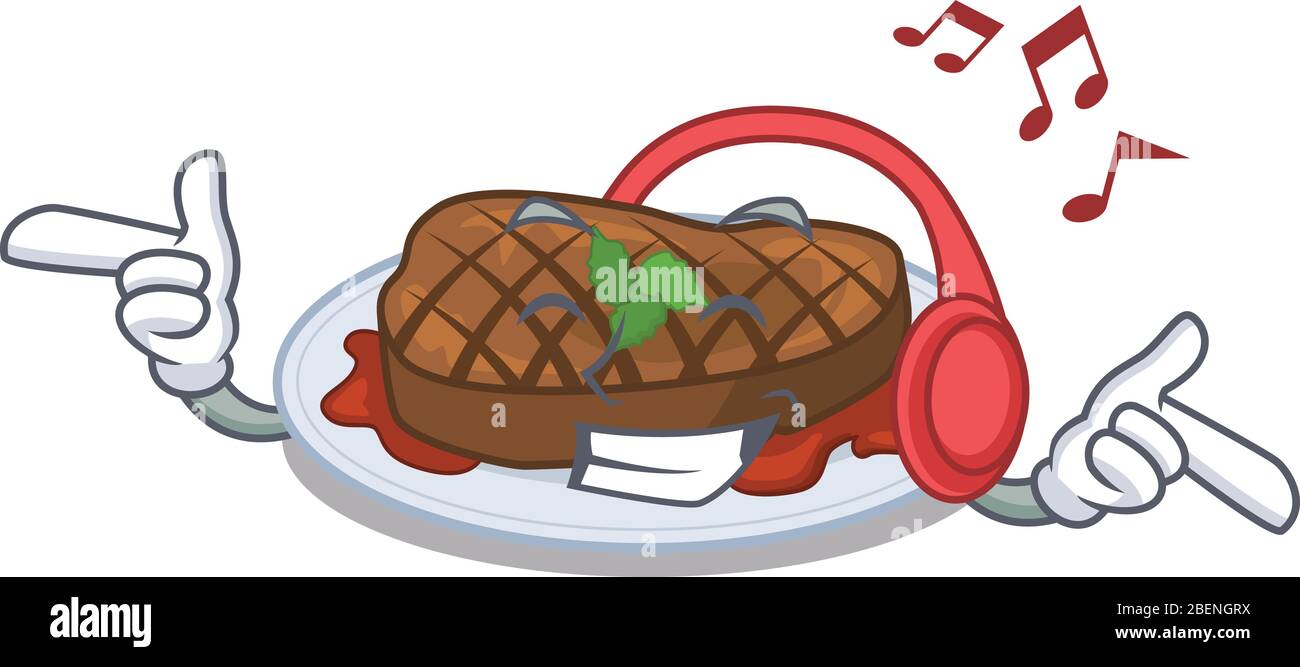 Grilled steak Cartoon design concept listening music Stock Vector Image ...