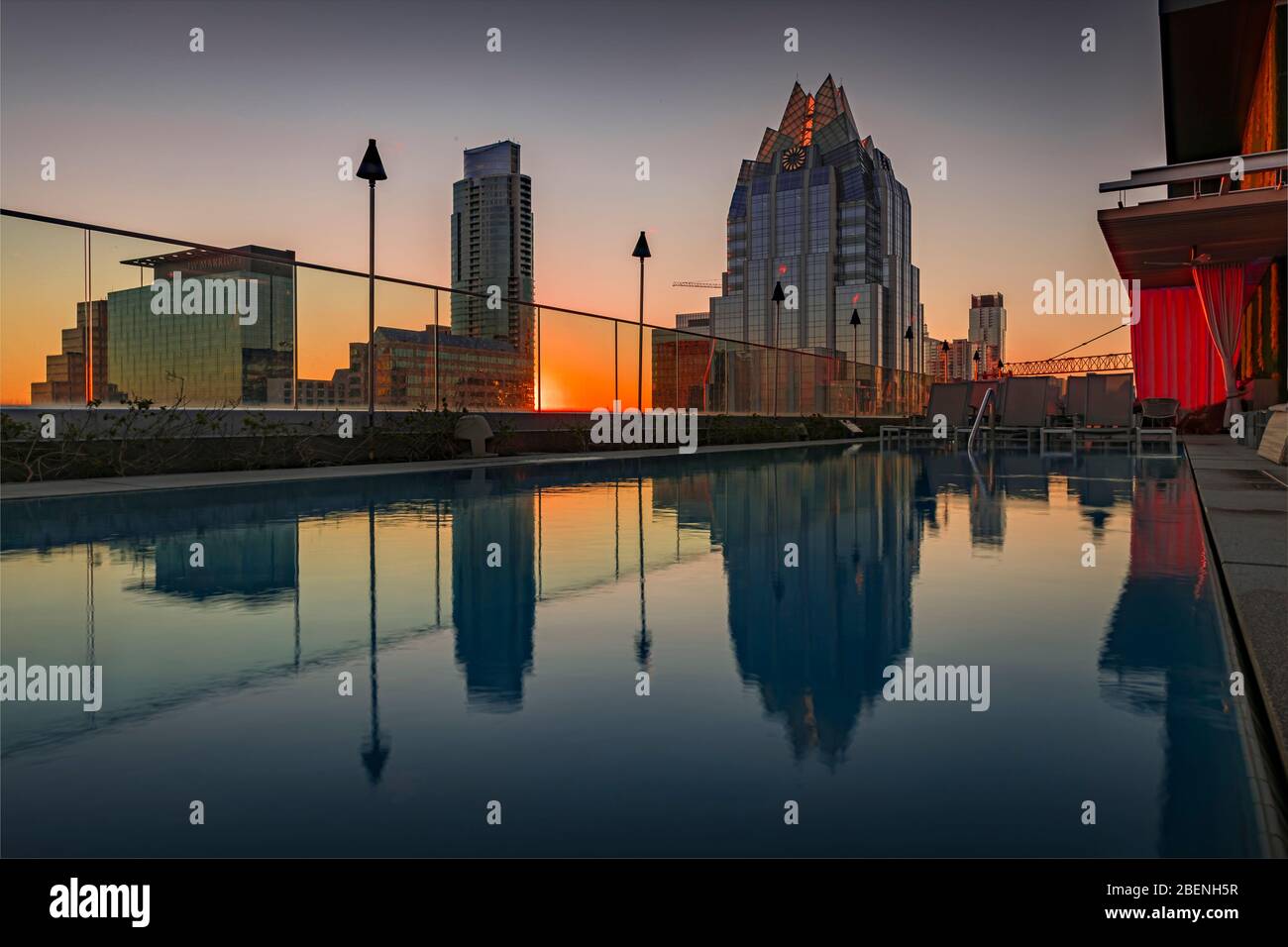 Austin, Texas USA - January 27, 2020: View of the rooftop pool and ...