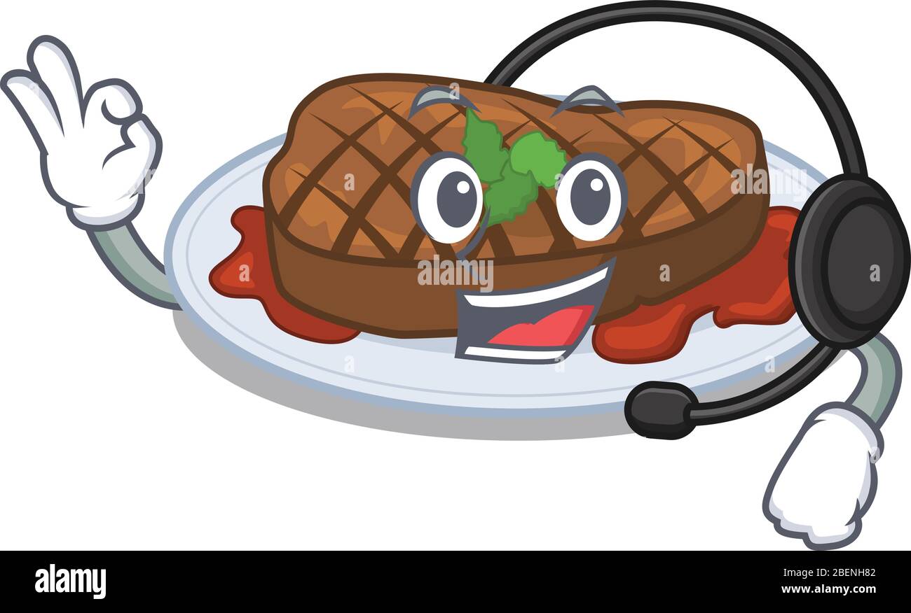 A gorgeous grilled steak mascot character concept wearing headphone ...