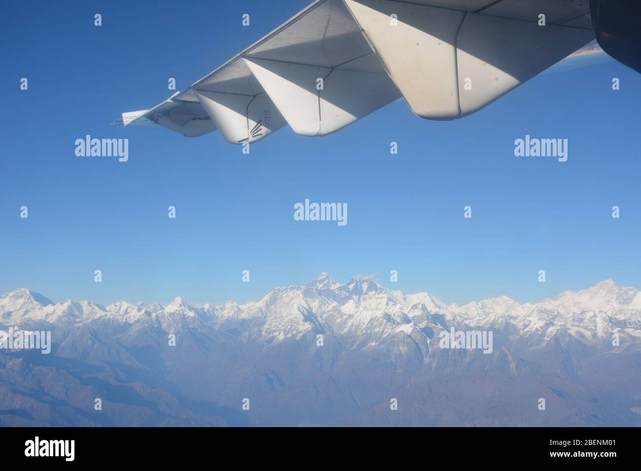 View of the Himalayas, including Mt Everest, from the window seat of a ...