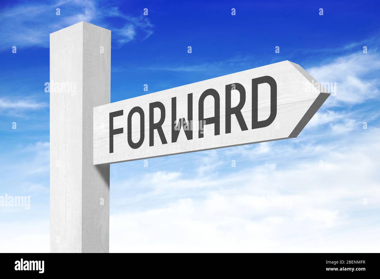 Forward - white wooden signpost with one arrow Stock Photo - Alamy