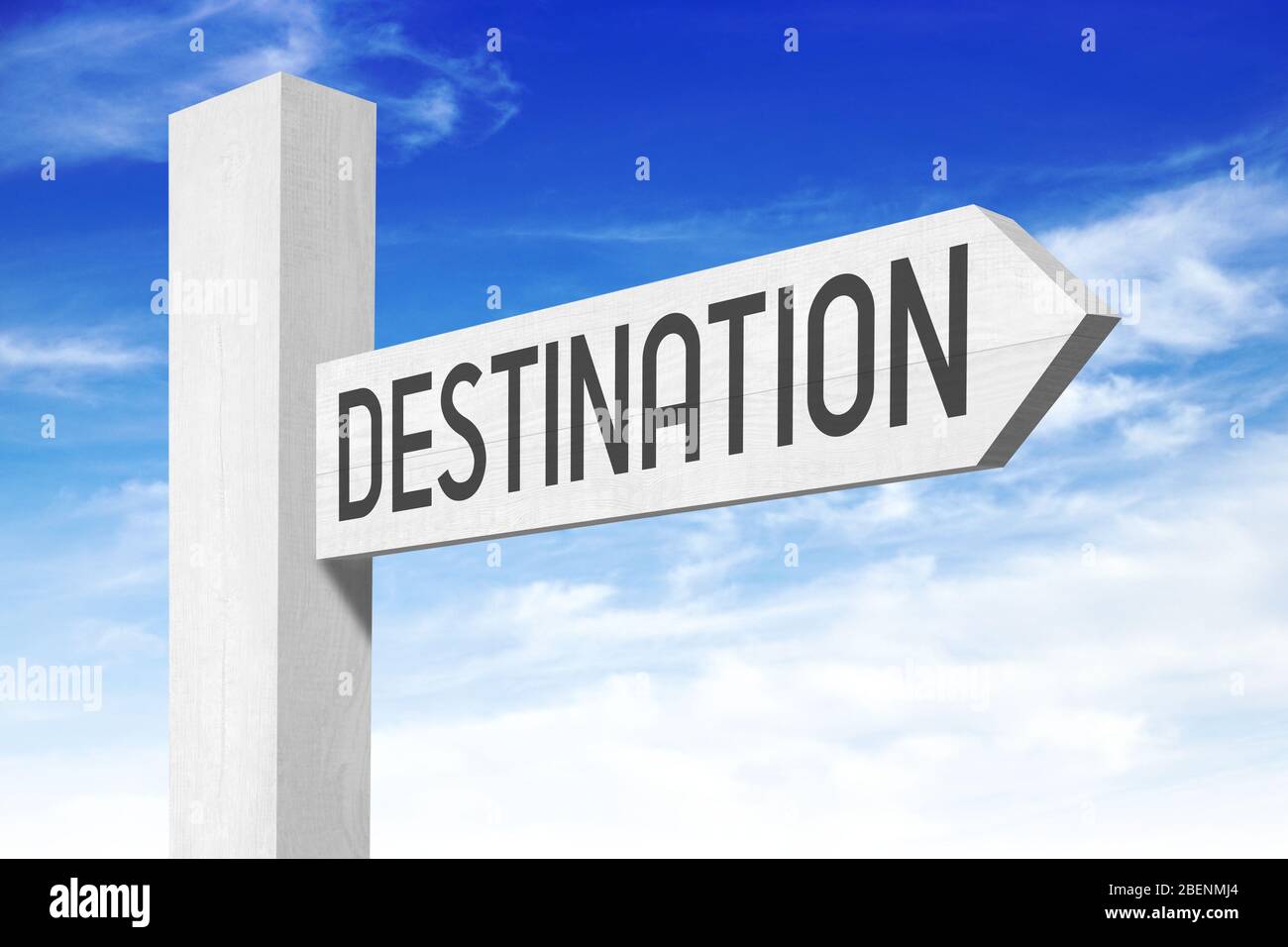 Destination - white wooden signpost with one arrow Stock Photo - Alamy