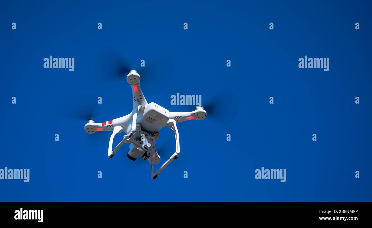 European drone regulation. A drone fly in a over head position close ...