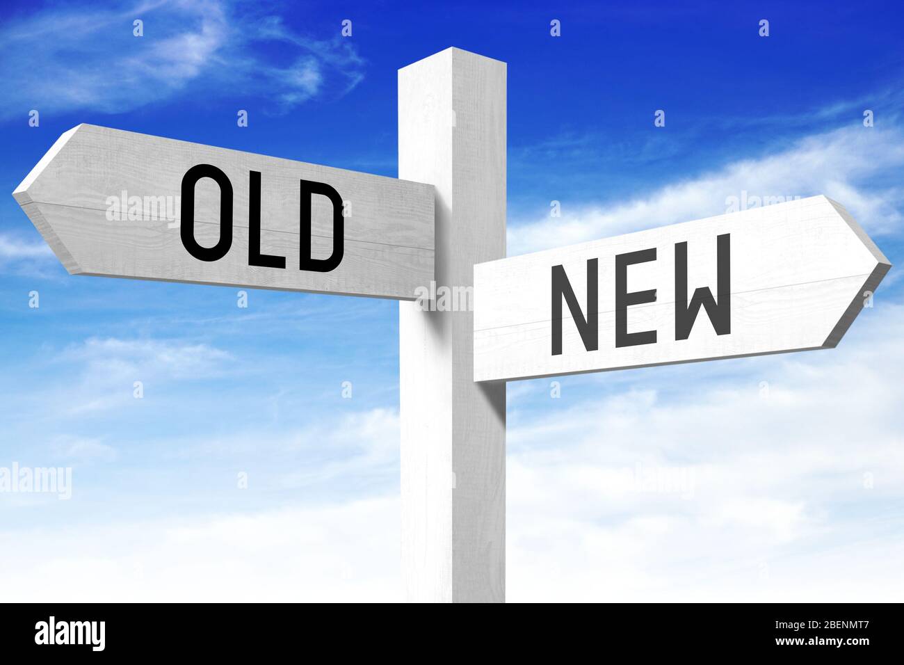 Wooden white signpost with two arrows, sky Stock Photo - Alamy