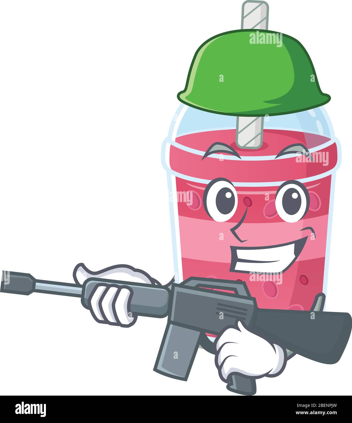 A cartoon picture of strawberry bubble tea in Army style with machine ...
