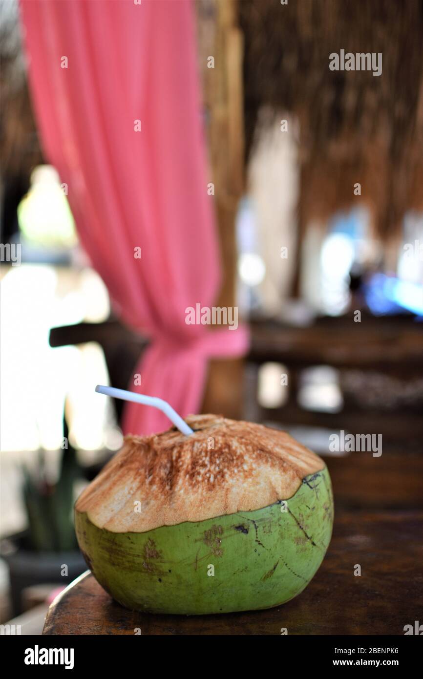 Refreshing coconut water served with the outer shell and a white straw ...