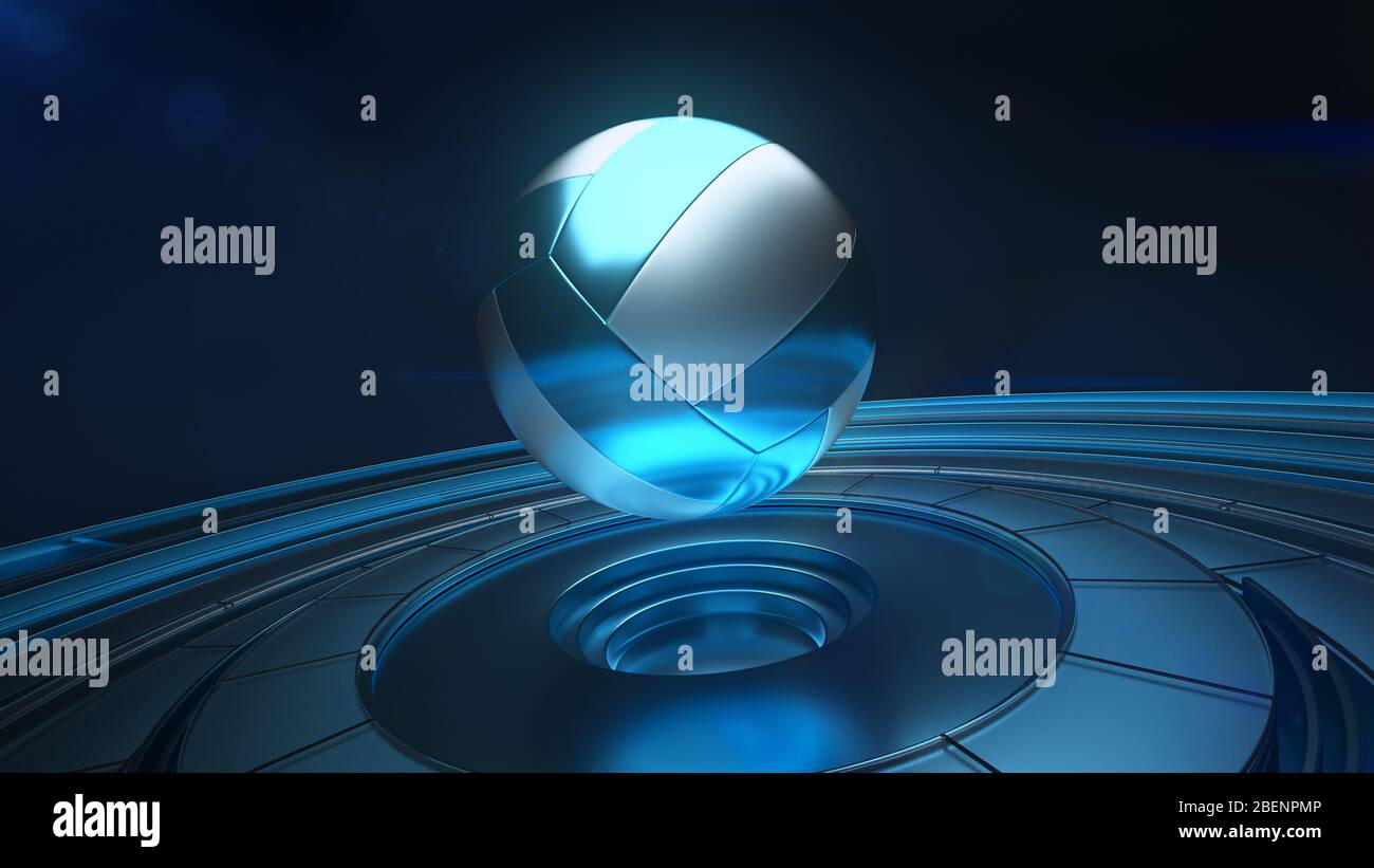 Silver and blue metallic volleyball ball flying in air above platform ...