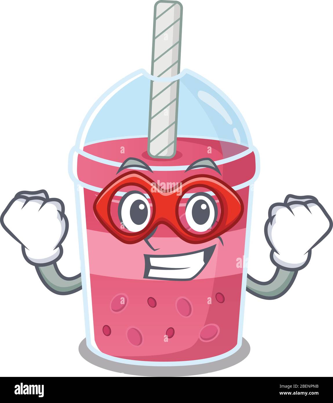 A cartoon character of strawberry bubble tea performed as a Super hero ...