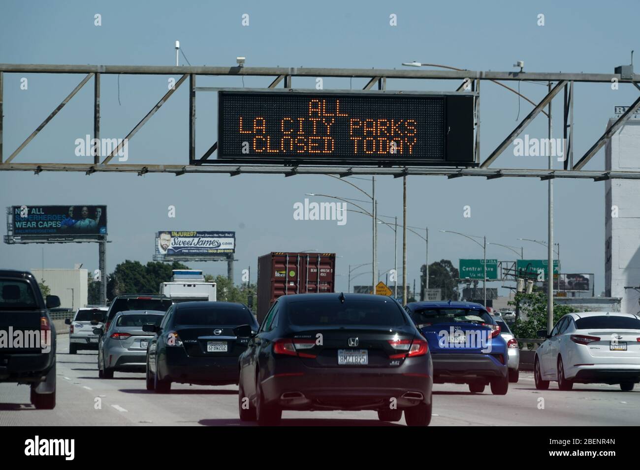 Los Angeles, United States. 14th Apr, 2020. A Caltrans message board on ...