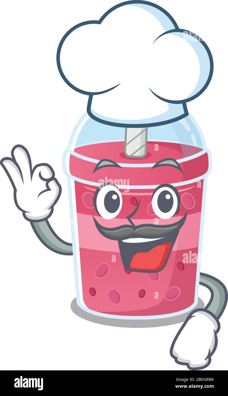 Strawberry bubble tea chef cartoon design style wearing white hat Stock ...