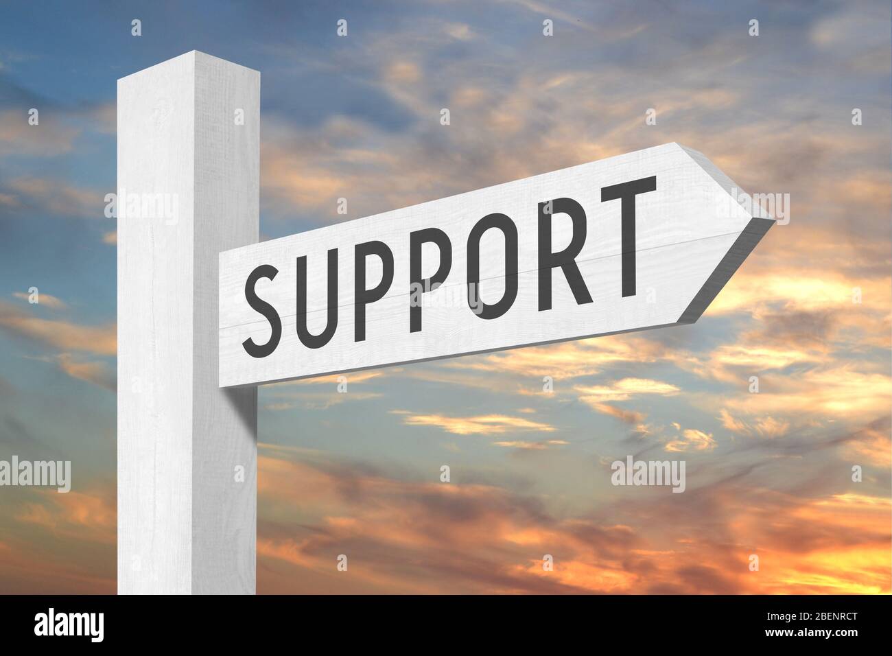 Support - white wooden signpost with one arrow Stock Photo - Alamy