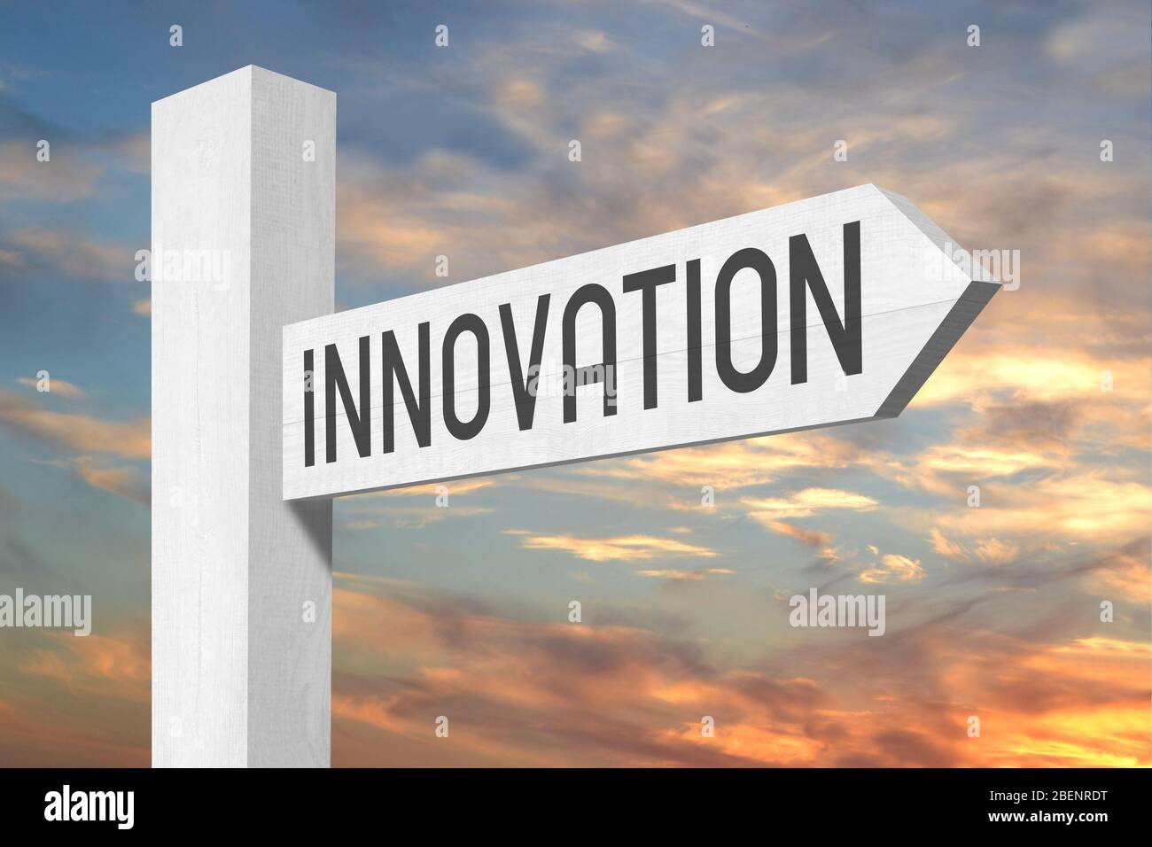 Innovation - white wooden signpost with one arrow Stock Photo - Alamy