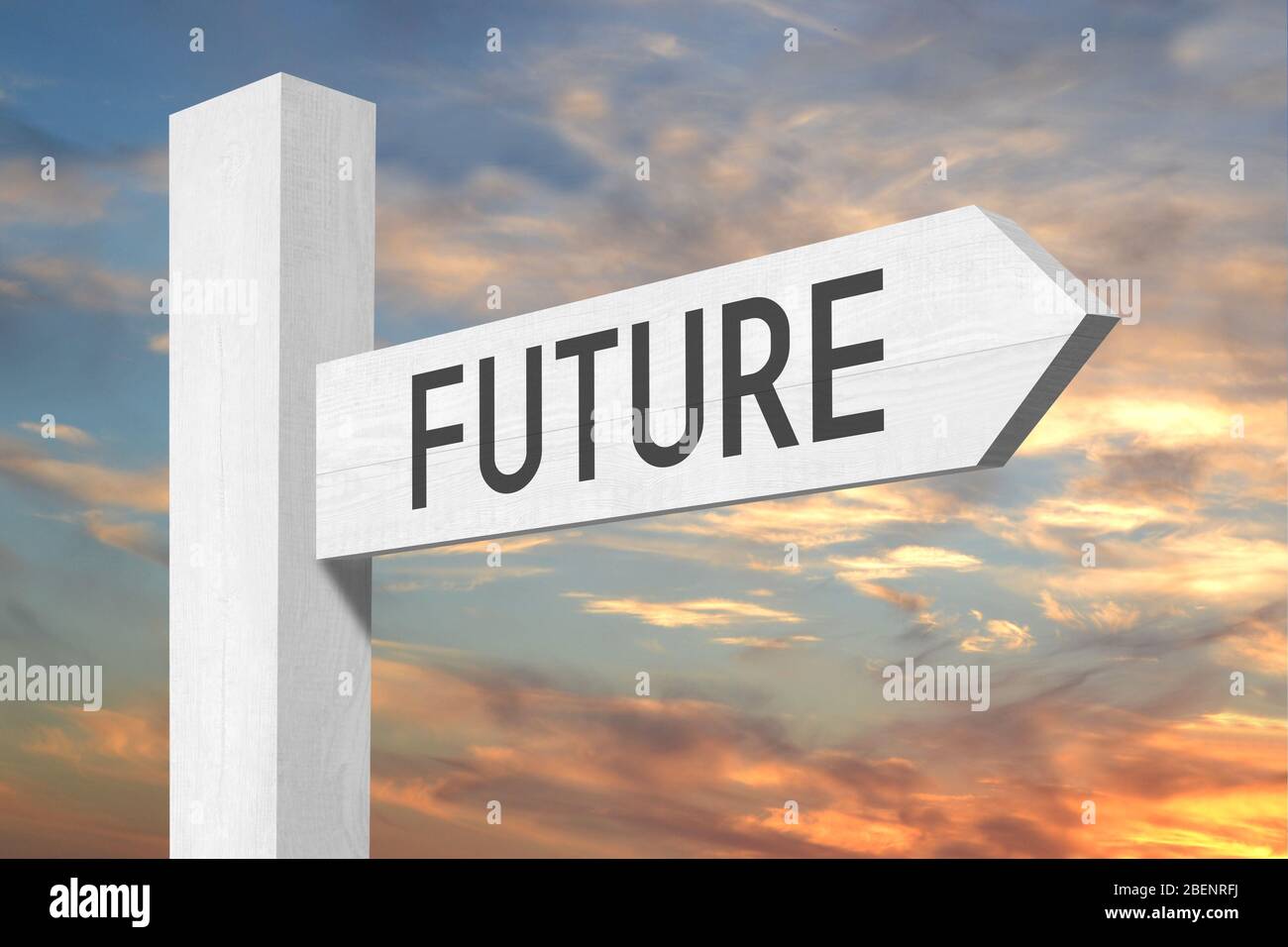 Future - white wooden signpost with one arrow Stock Photo - Alamy