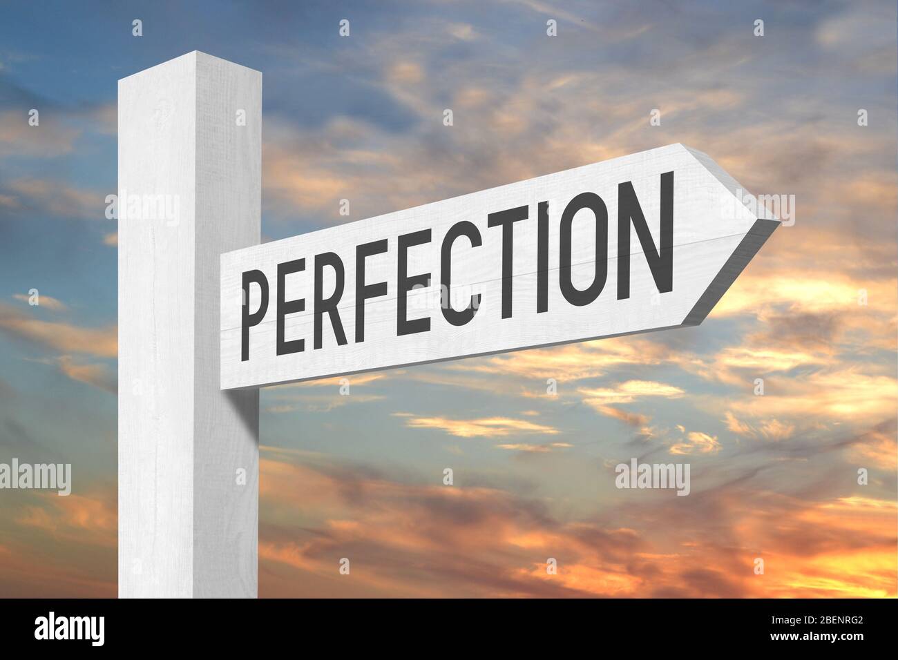 Perfection - white wooden signpost with one arrow Stock Photo - Alamy