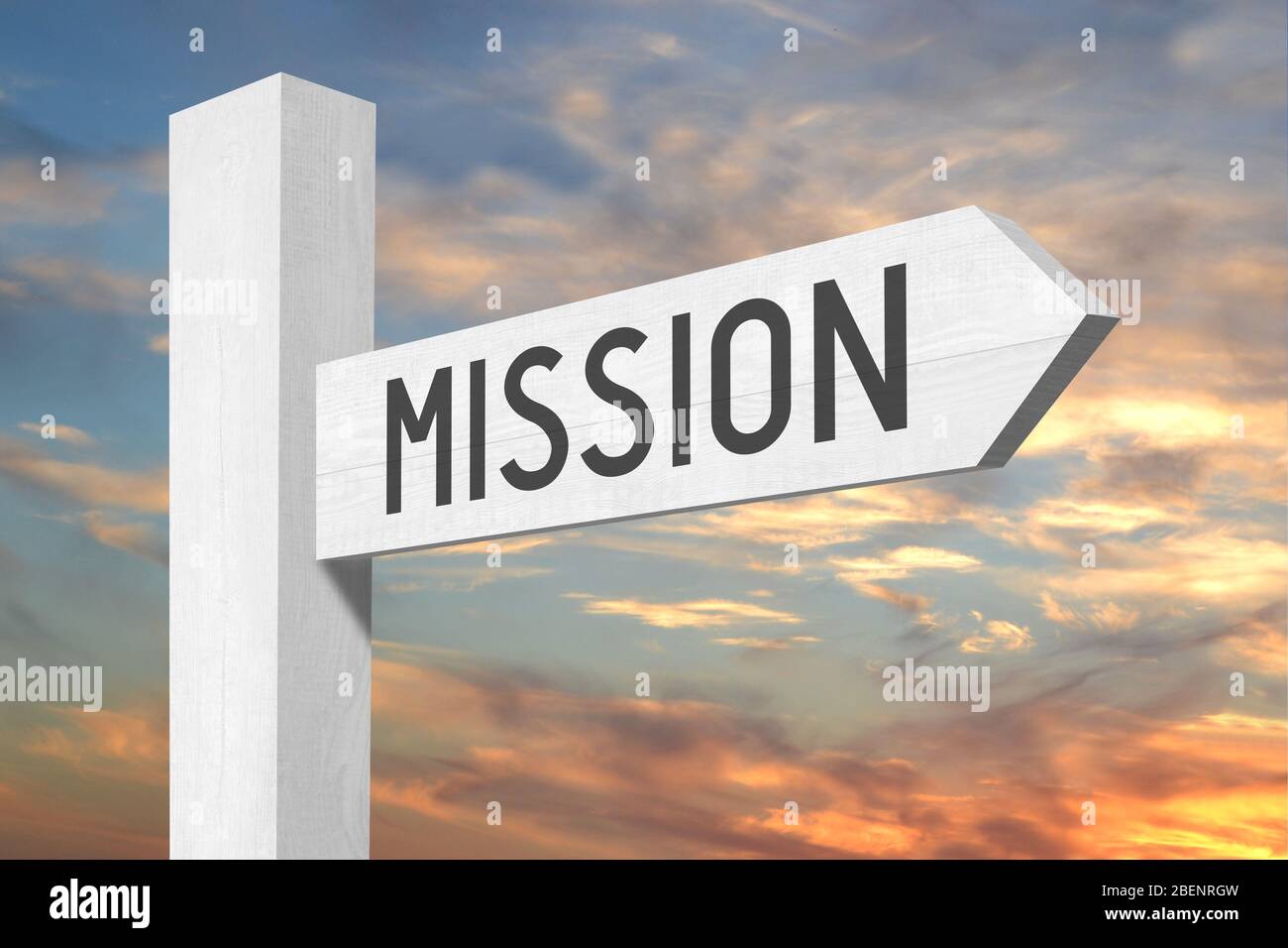 Mission - white wooden signpost with one arrow Stock Photo - Alamy