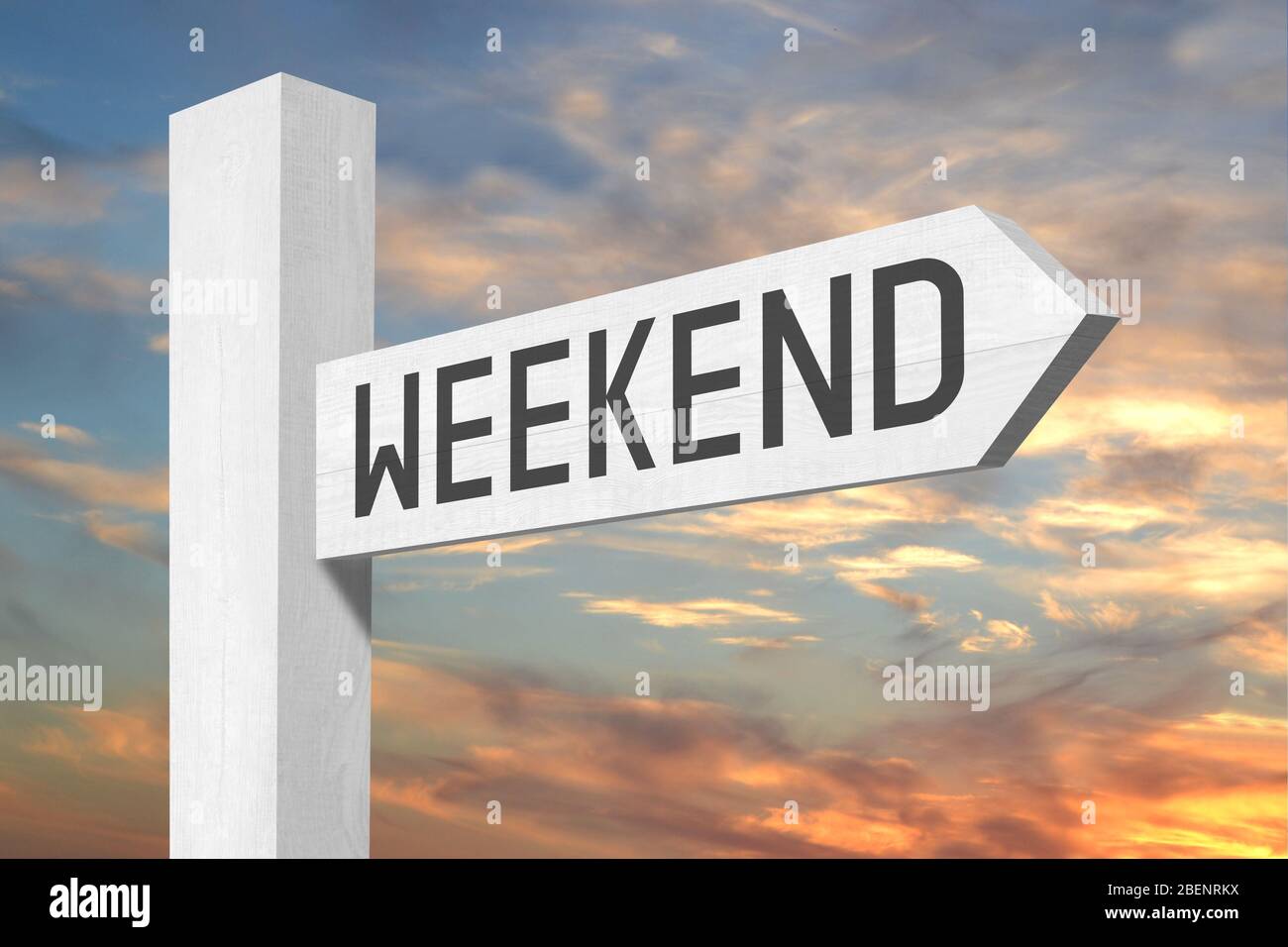 Weekend - white wooden signpost with one arrow Stock Photo - Alamy