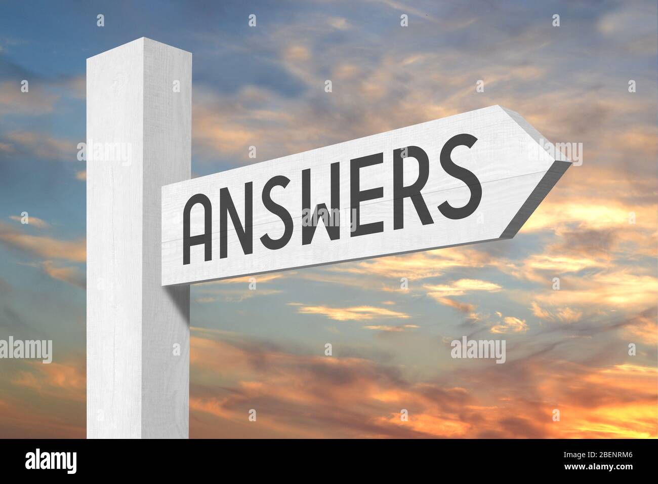 Answers - white wooden signpost with one arrow Stock Photo - Alamy