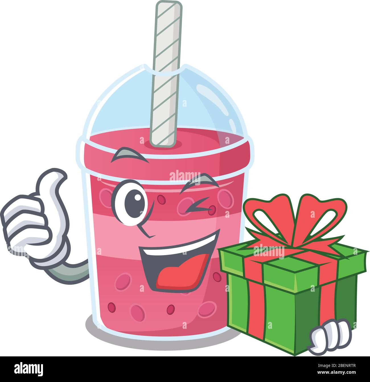 Smiling strawberry bubble tea cartoon character having a green gift box ...
