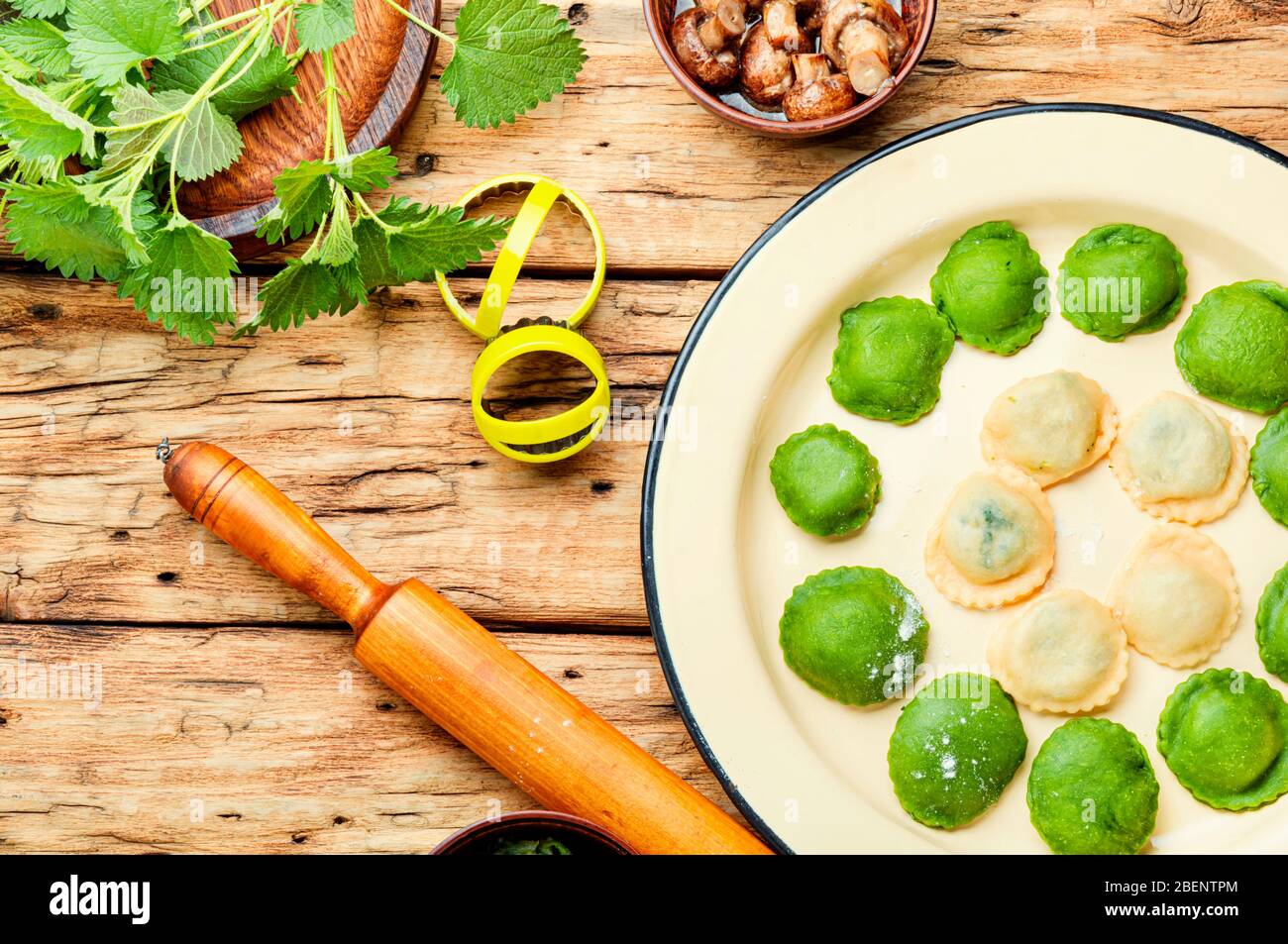 Homemade diet ravioli stuffed with spinach and nettle.Dumplings with ...