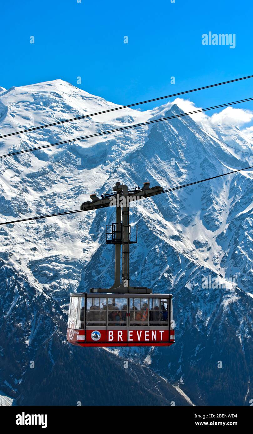 Cabin of the Brevent cable car aigainst the Mont Blanc massif, Planpraz ...