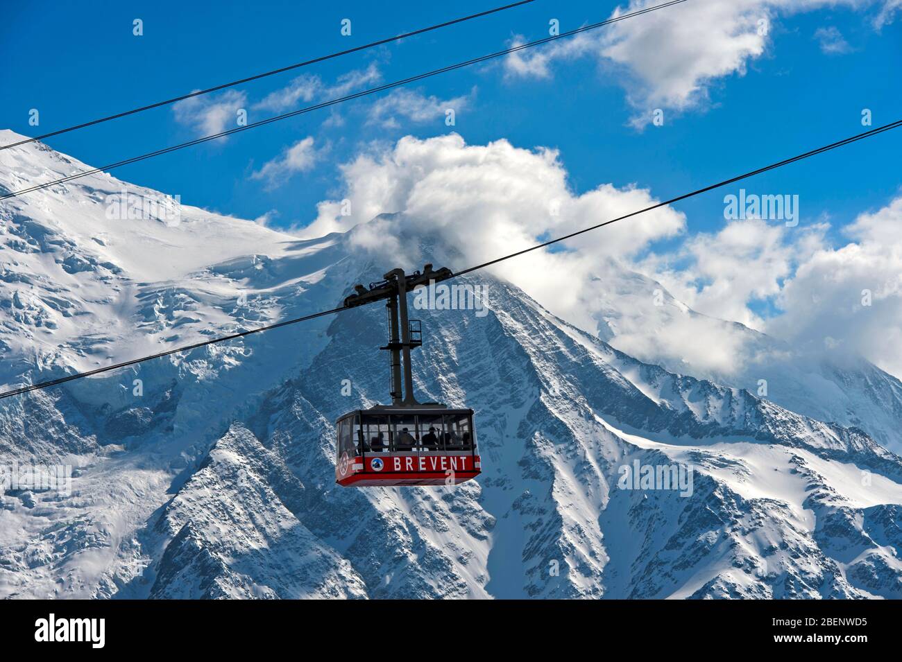 Cabin of the Brevent cable car aigainst the Mont Blanc massif, Planpraz ...