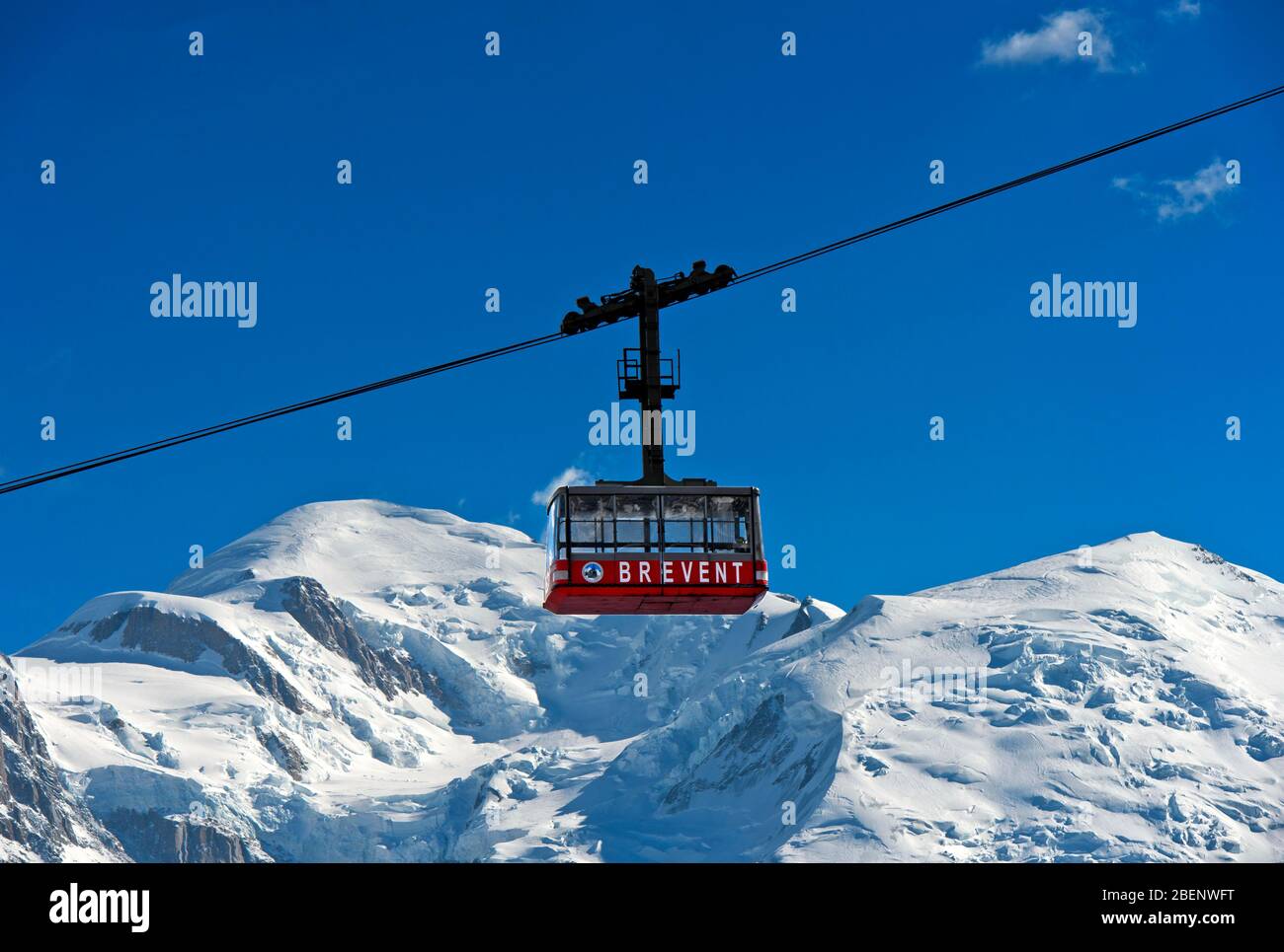Empty cabin of the Brevent cable car aigainst the Mont Blanc massif ...