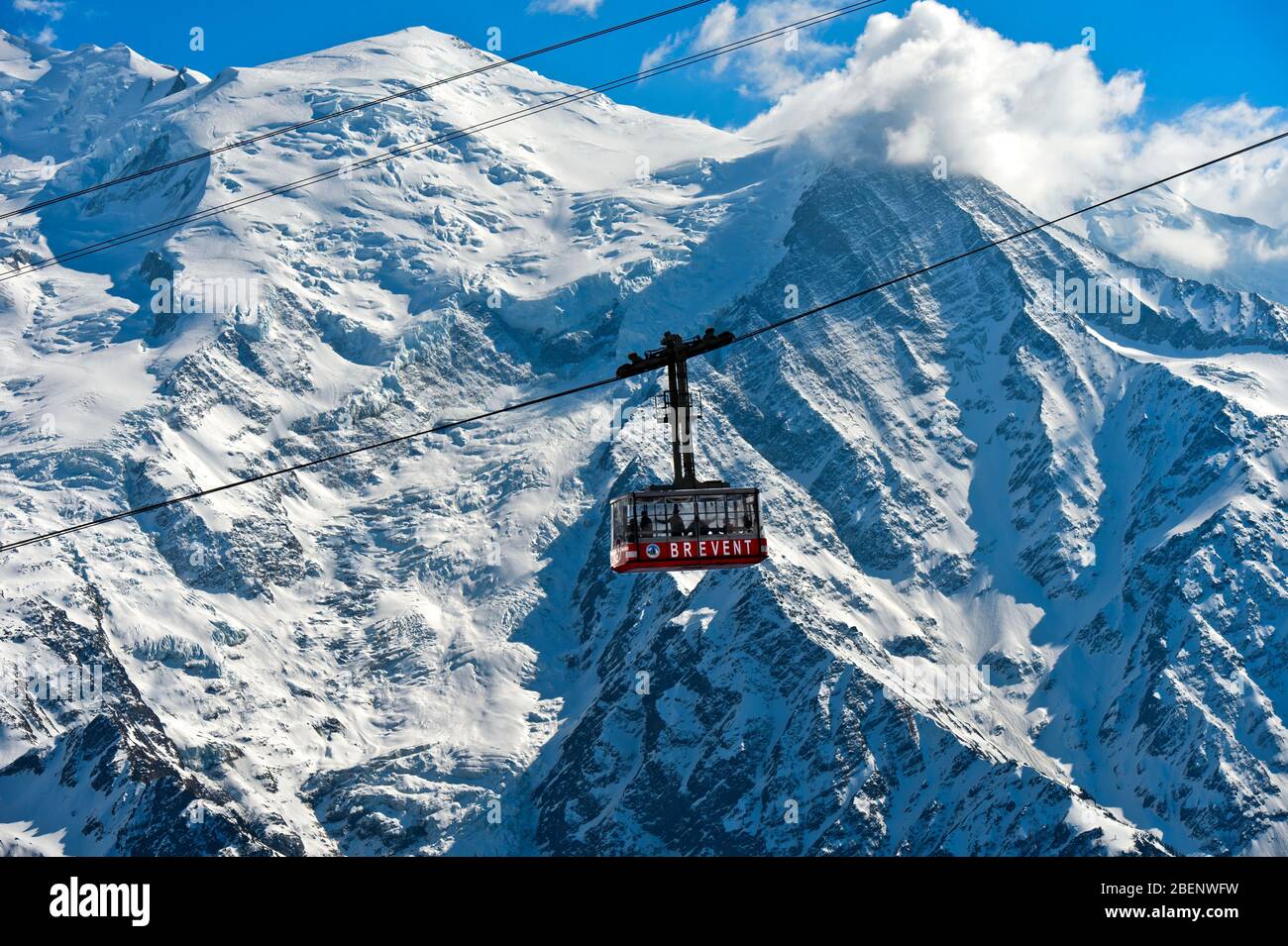 Cabin of the Brevent cable car aigainst the Mont Blanc massif, Planpraz ...
