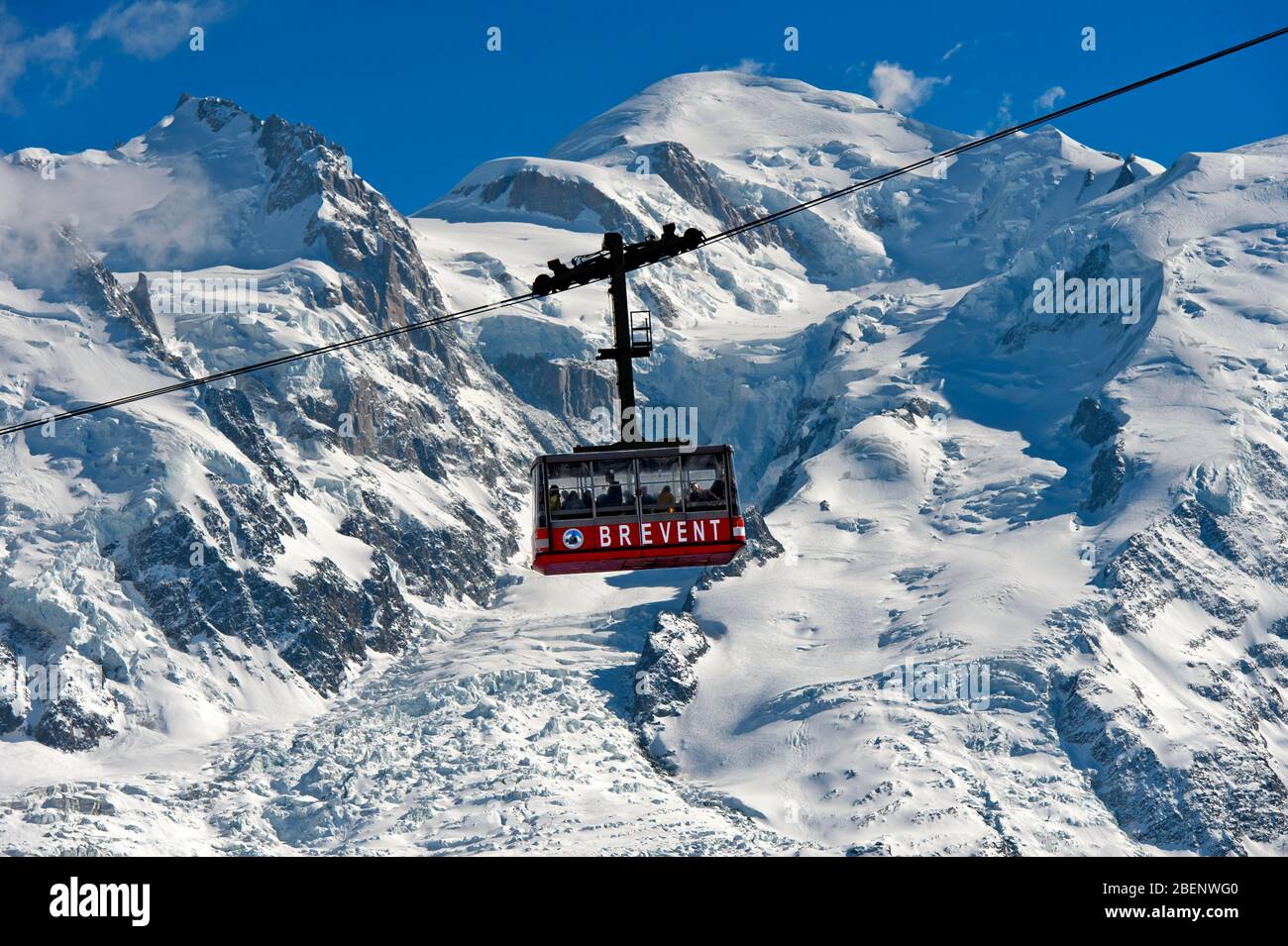 Cabin of the Brevent cable car aigainst the Mont Blanc massif, Planpraz ...