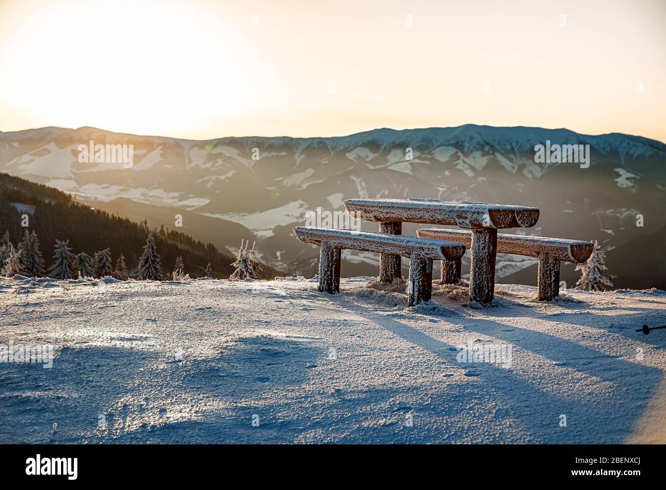 Wooden bench in winter landscape, beautiful landscape scenery Stock ...
