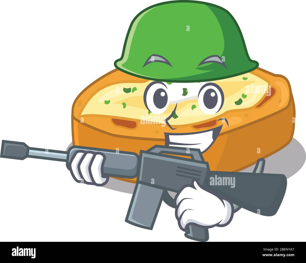A cartoon picture of baked potatoes in Army style with machine gun ...