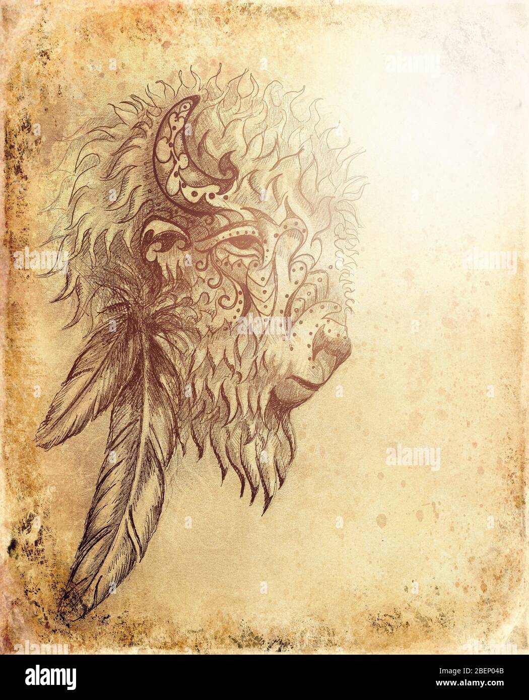 Hand drawing of sacred bison with ornaments Stock Photo - Alamy