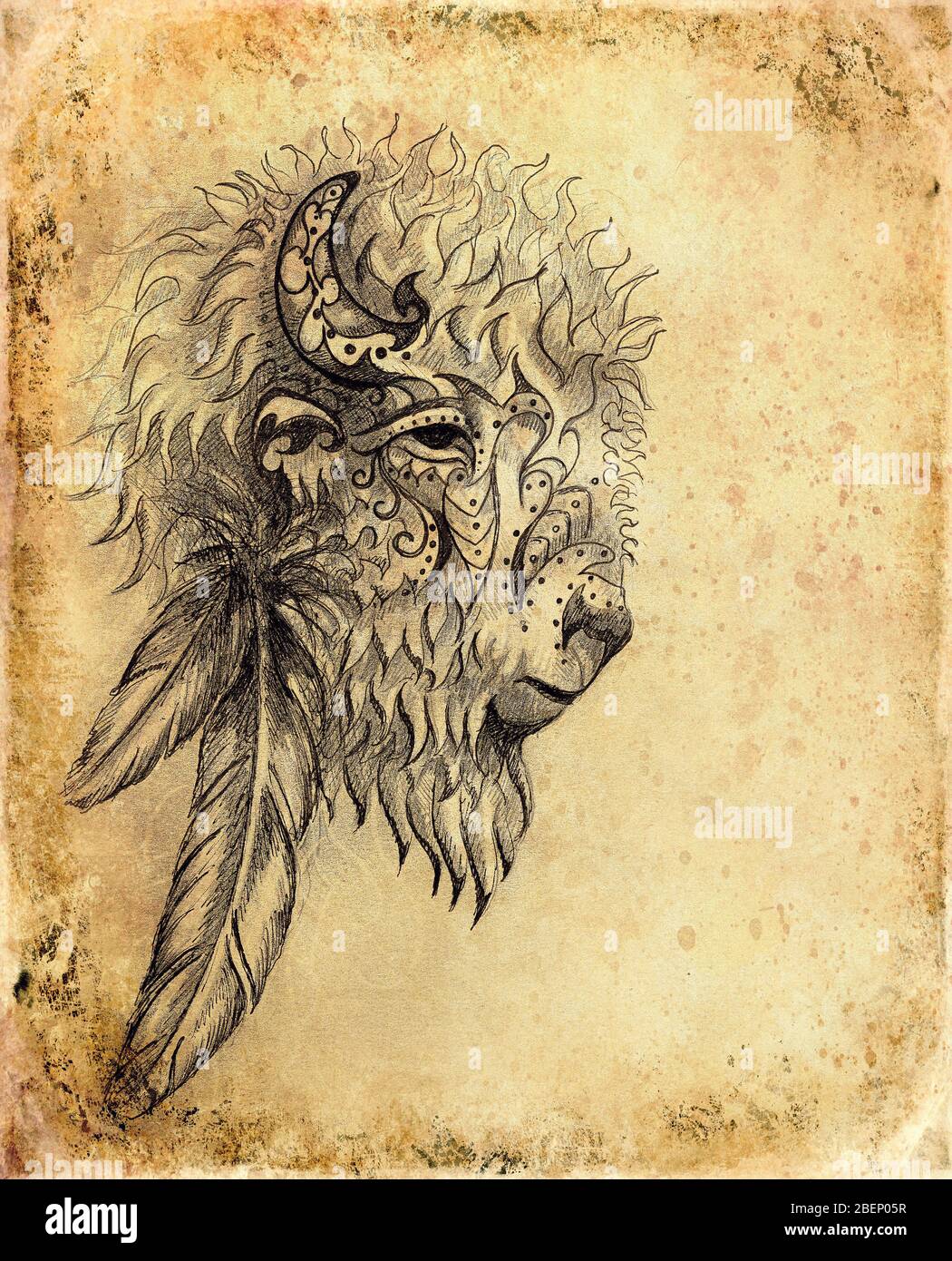 Hand drawing of sacred bison with ornaments Stock Photo - Alamy