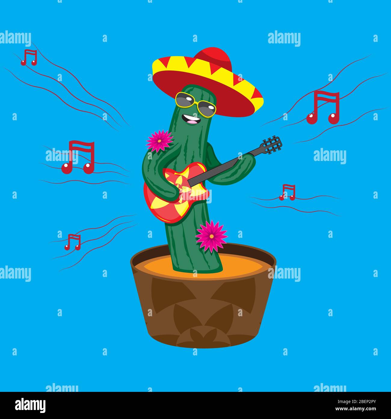 Cartoon character cactus in hat with guitar pot notes on blue isolated ...