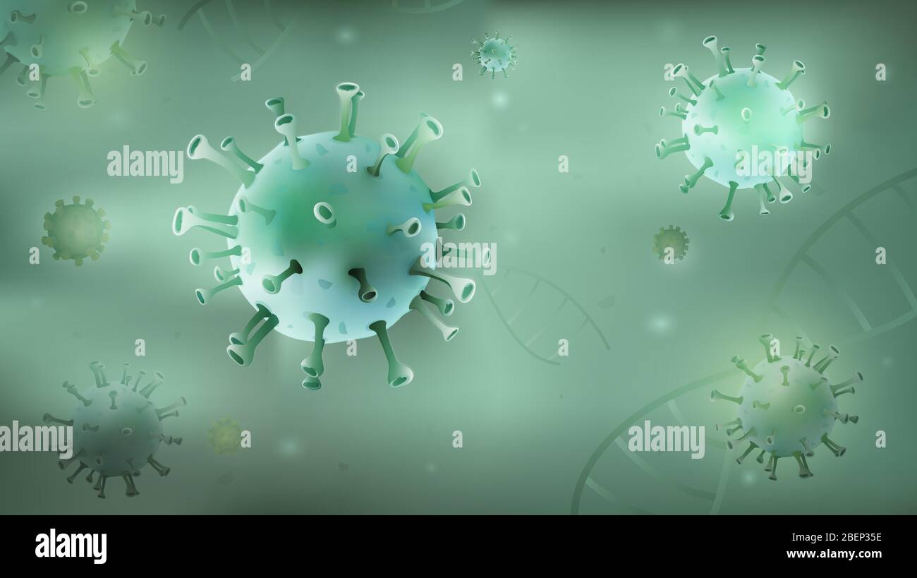 Microscopic virus particles and DNA on light green background with copy ...
