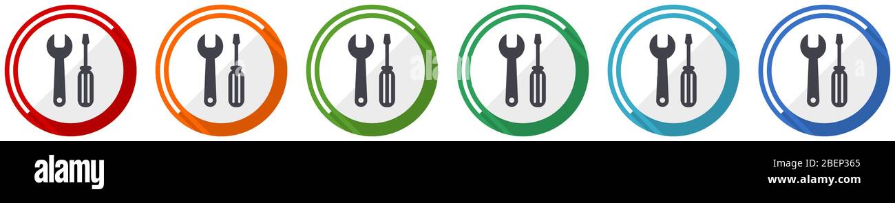 Tool icon set, flat design vector illustration in 6 colors options for ...