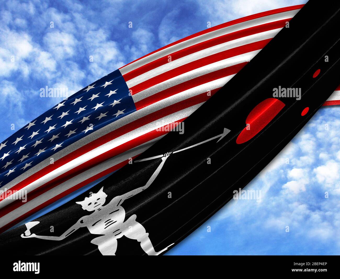 flag of America with Blackbeard Pirate flag on sky background Stock ...