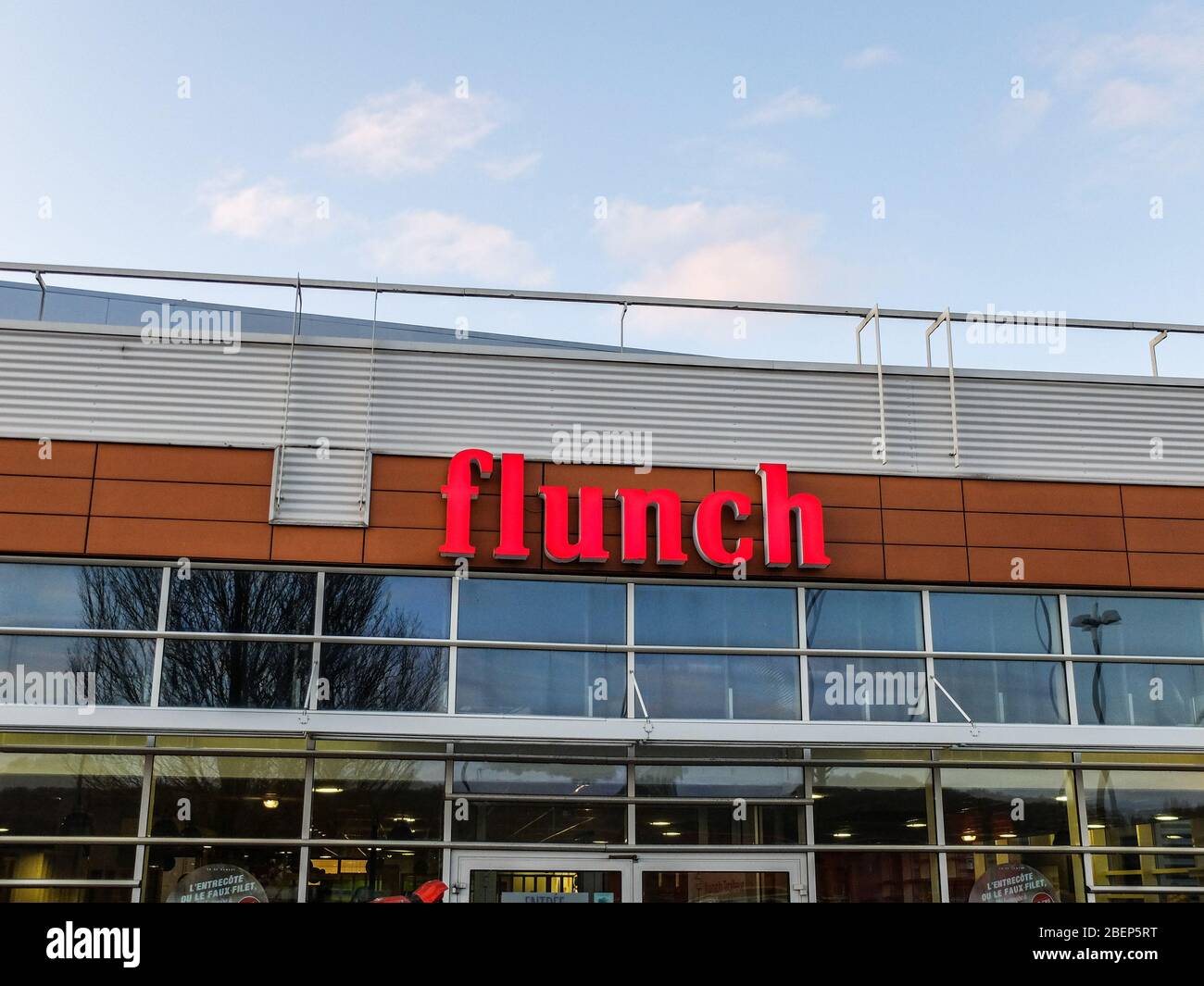 Flunch sign. Flunch is a French self-service restaurant chain. It is ...