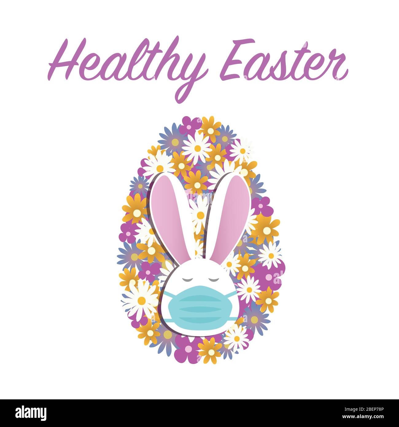 Healthy Easter concept. Cute bunny in face mask and colorful Easter egg ...