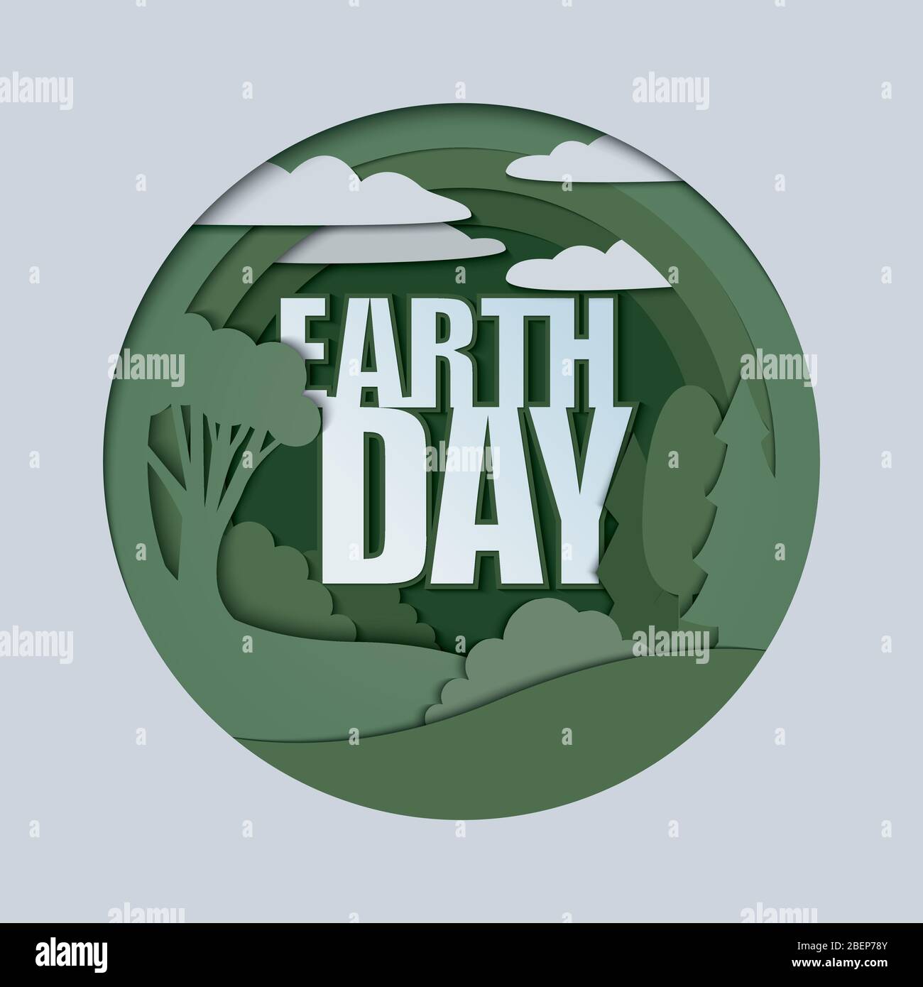 Earth day. Trees and clouds with Earth Day text in round shape, modern ...