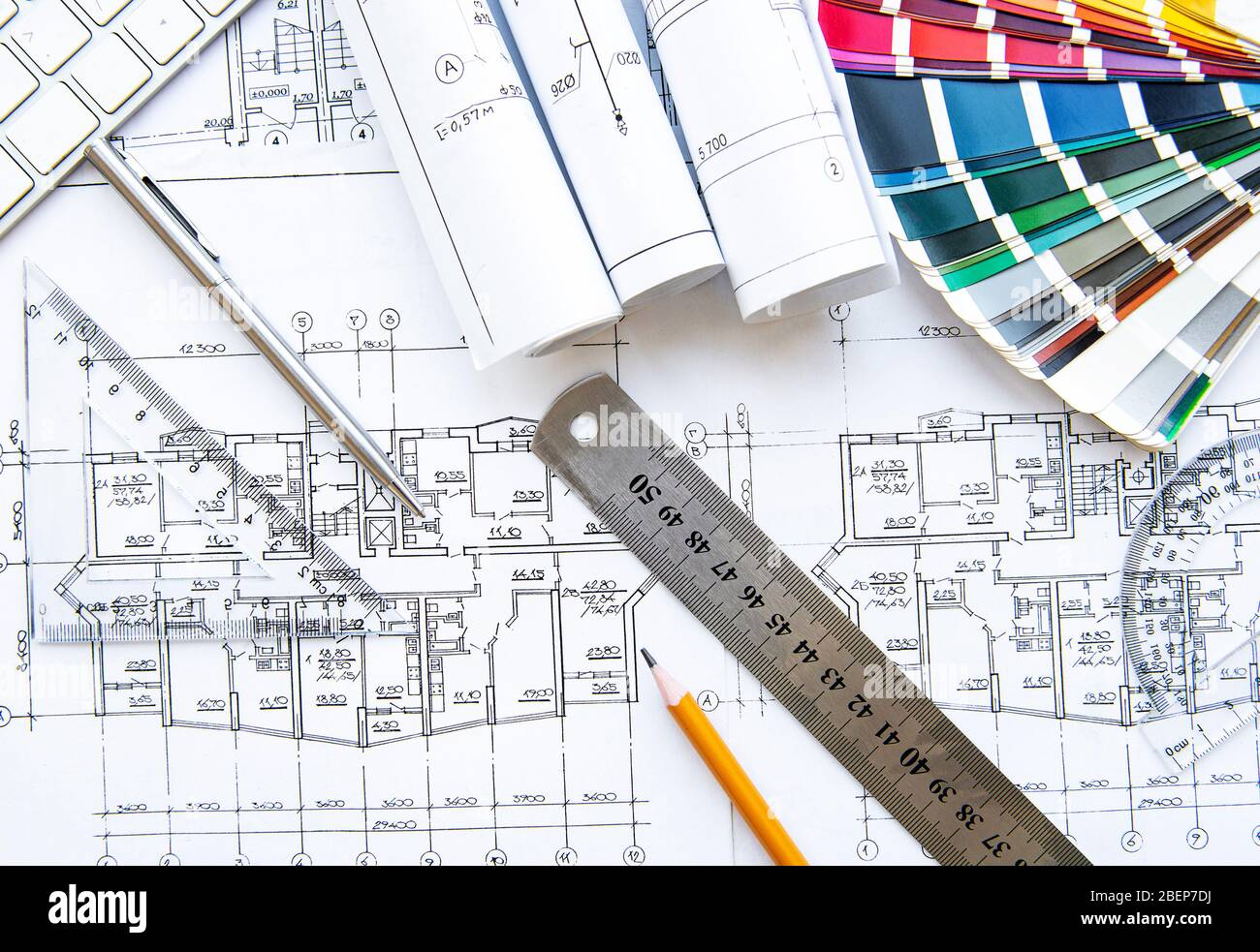 Architect workplace top view. Architectural project, blueprints ...
