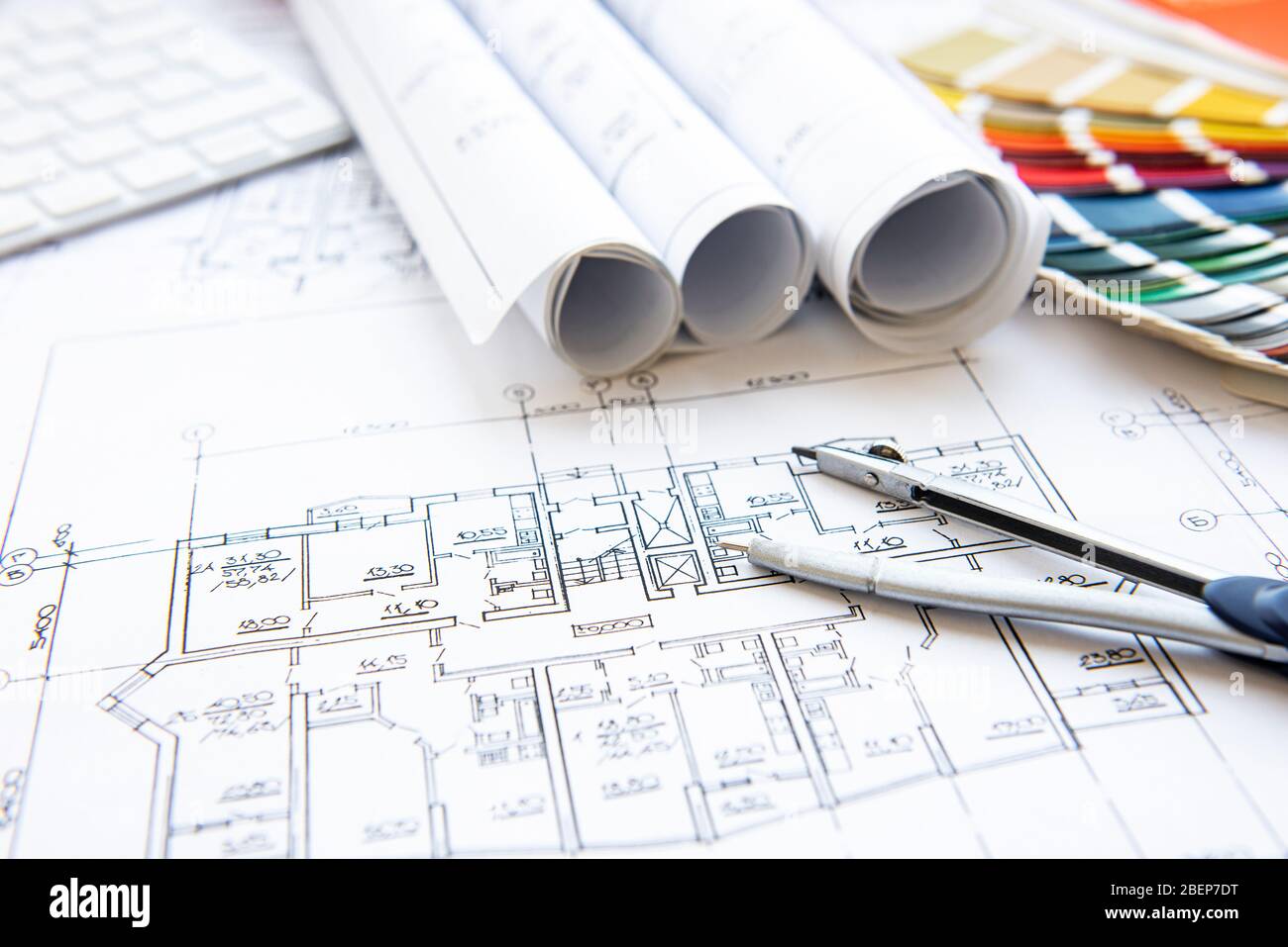 Architect workplace top view. Architectural project, blueprints ...