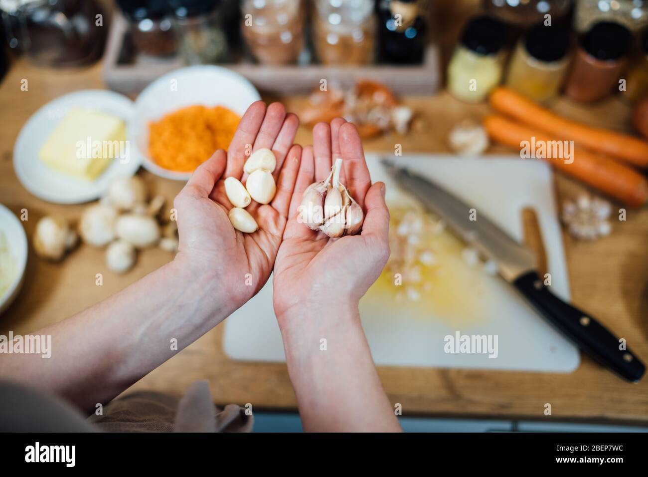 Peeling fresh garlic.Ingredients for cooking food with garlic.Healthy ...