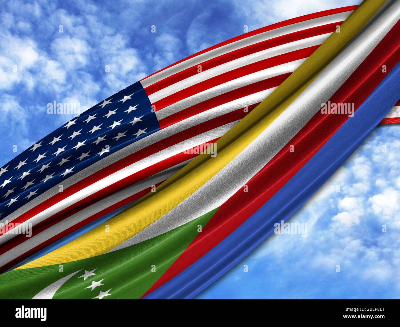 flag of America with Comoros flag on sky background Stock Photo - Alamy