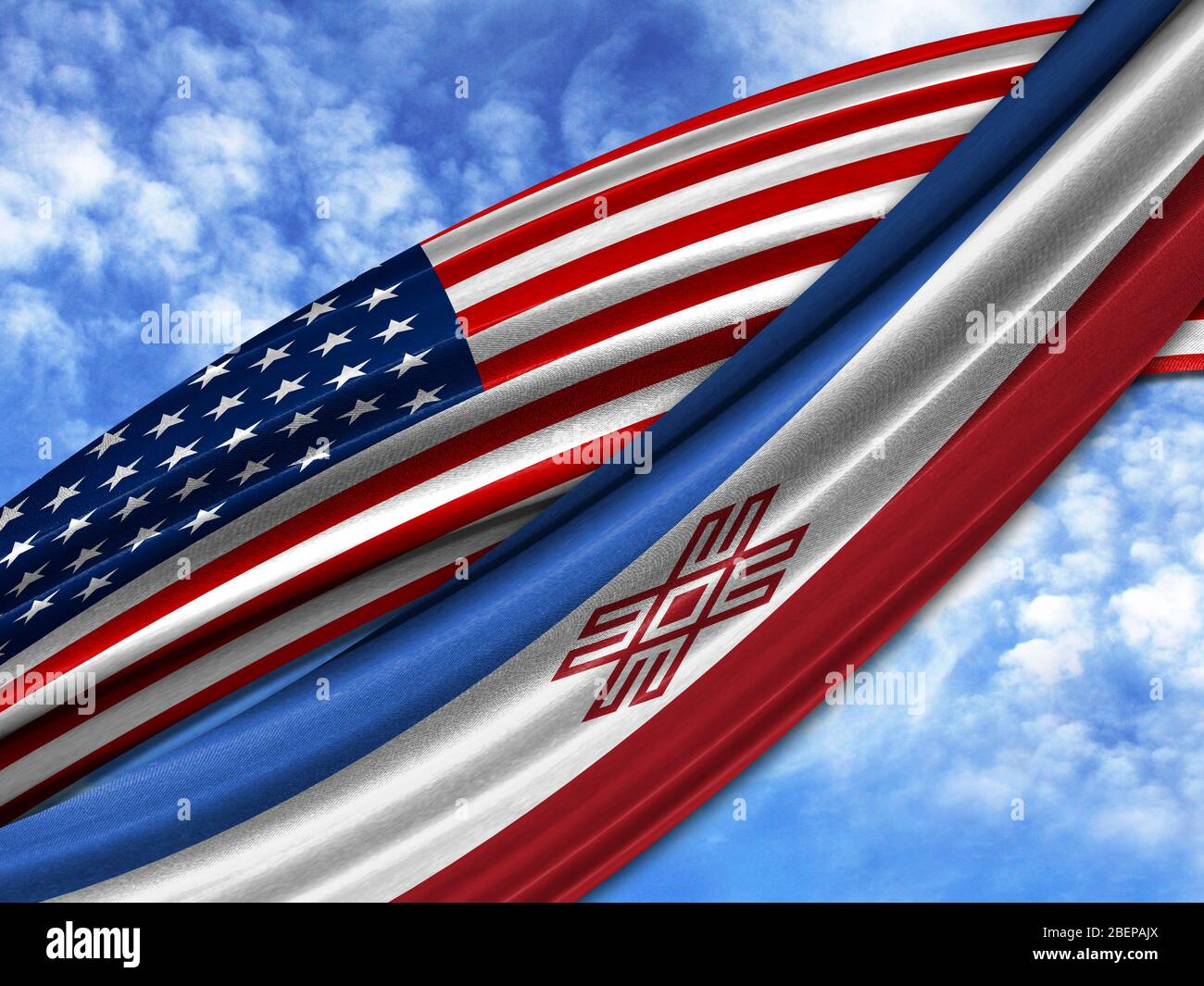 flag of America with Mari El flag on sky background Stock Photo - Alamy