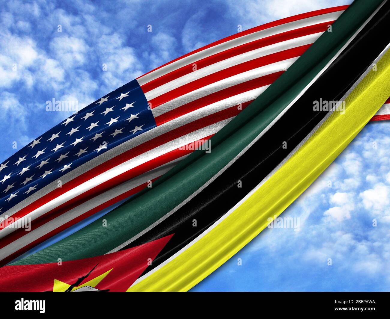 flag of America with Mozambique flag on sky background Stock Photo - Alamy