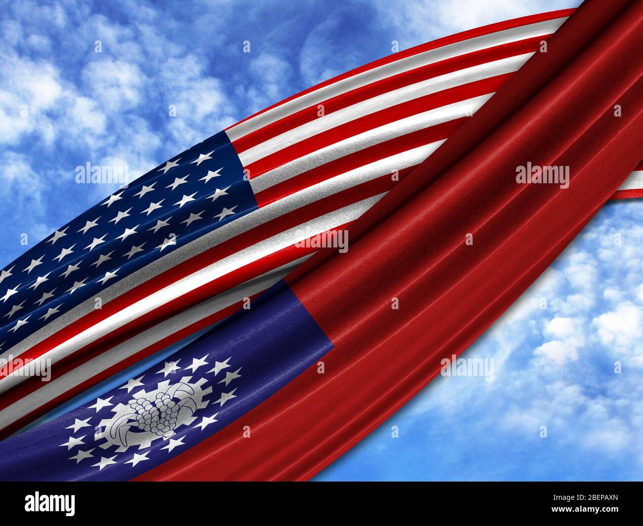 flag of America with Myanmar Burma flag on sky background Stock Photo ...